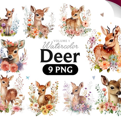Deer Watercolor Clipart Cute Fawn Baby Shower Graphics - Etsy