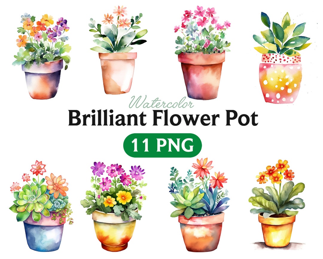 Flower Pot Clipart ,watercolor Flower Pot, Spring Garden , PNG - Etsy