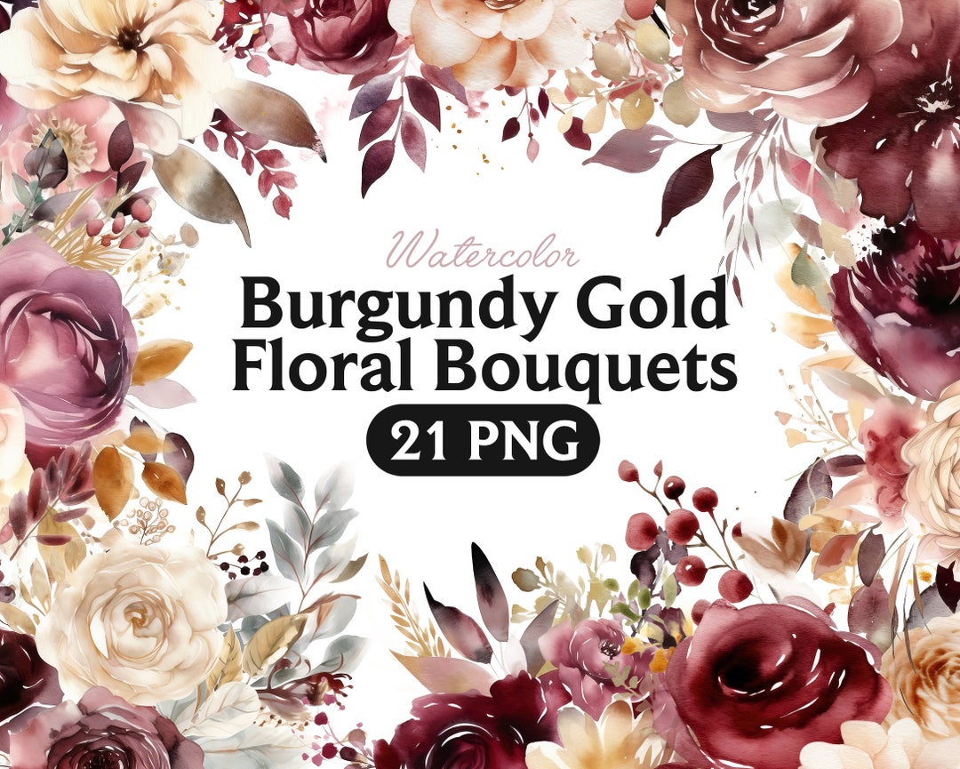 Burgundy and Gold Floral Bouquets, Digital Instant Download Vintage ...