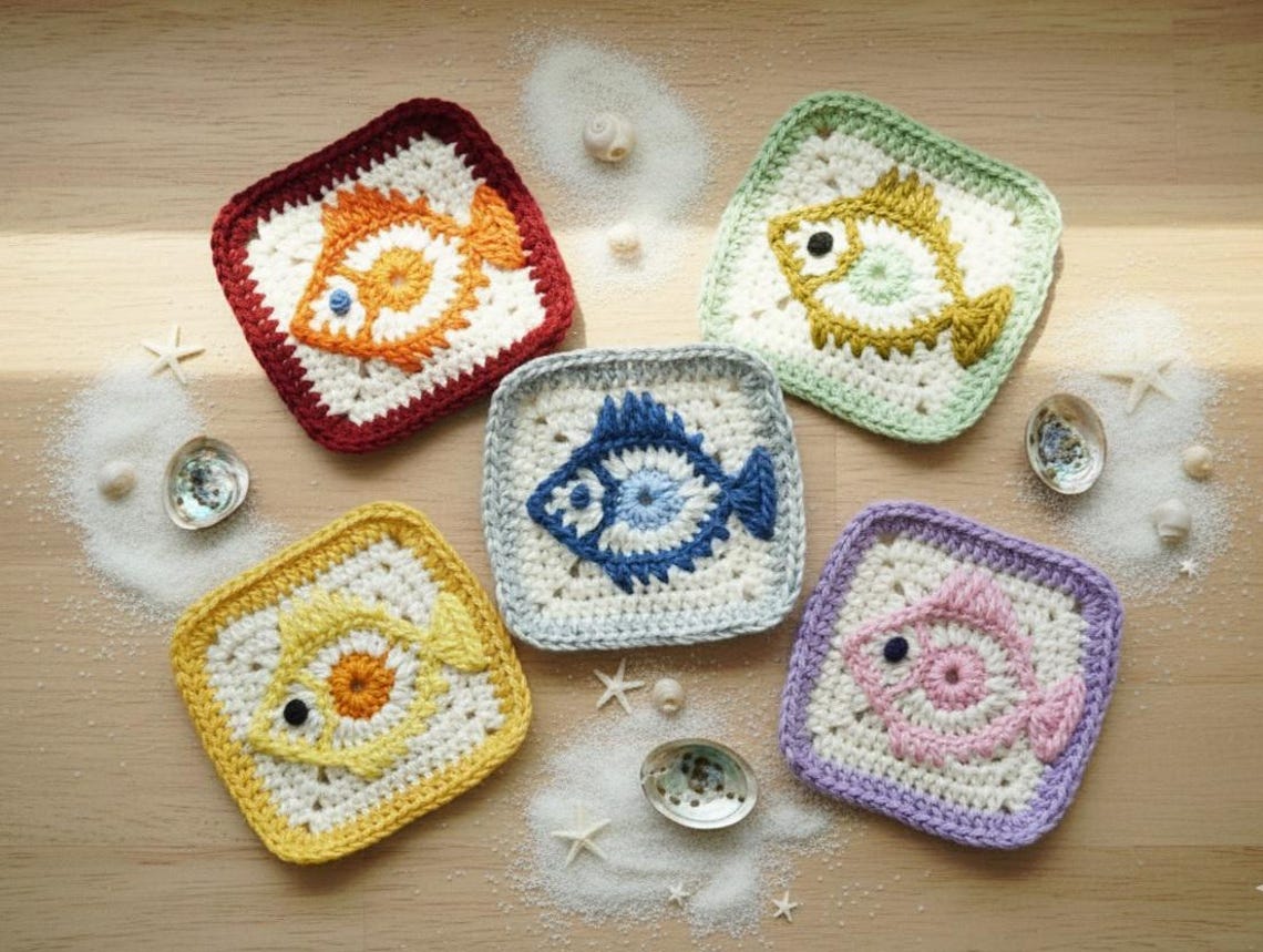 Crochet Fish Granny Square Pattern | Nautical Motif PDF | Coastal Home ...