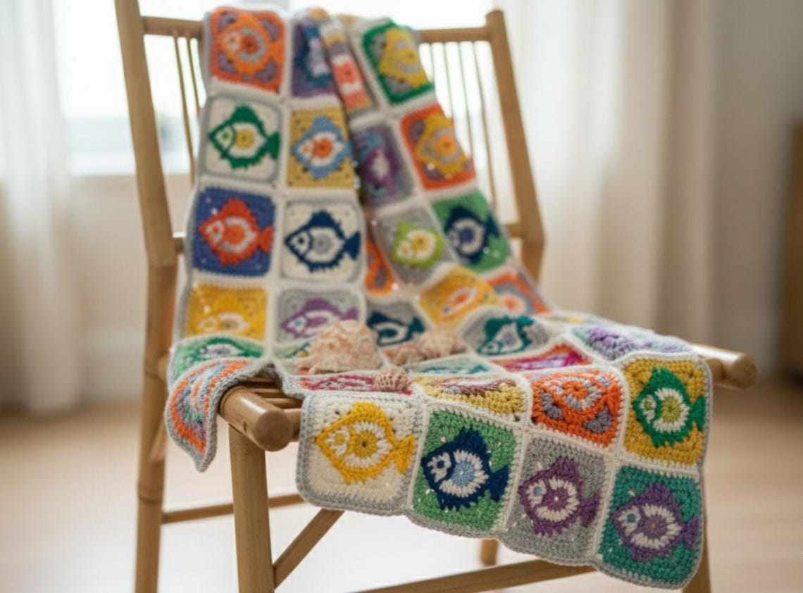 Crochet Fish Granny Square Pattern | Nautical Motif PDF | Coastal Home ...