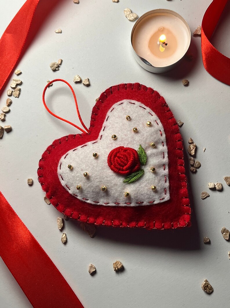 Hand-embroidered Rose Sachet / Rose Heart Decoration / Valentines Day ...