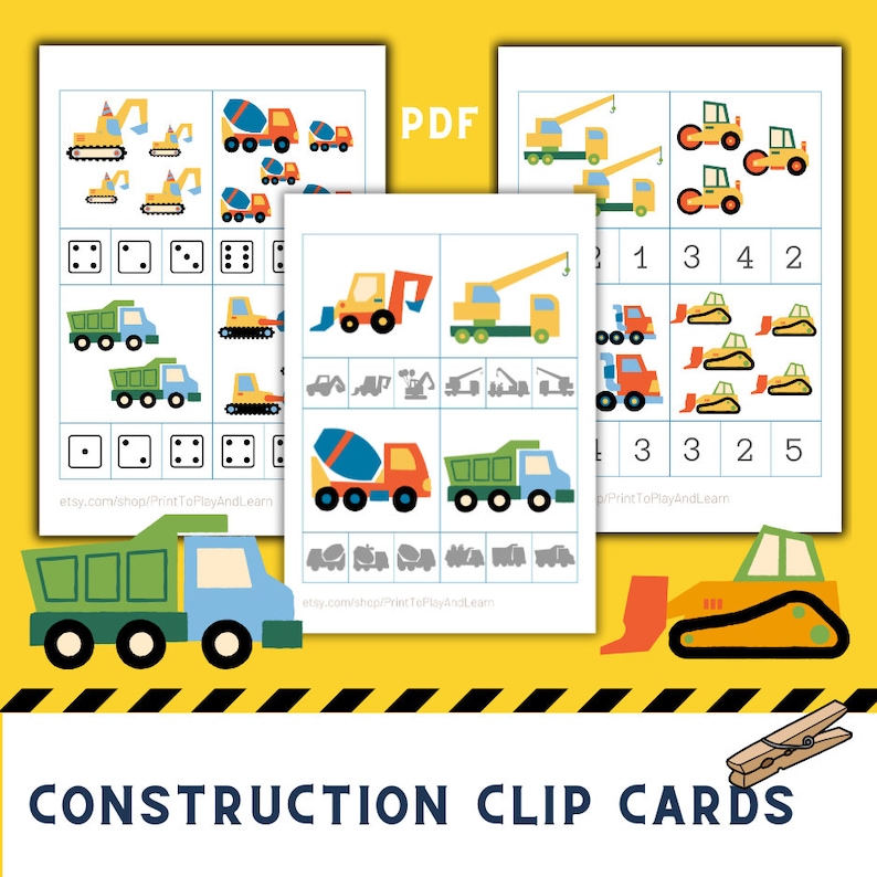 Construction Clip Cards - Counting, Shadow Matching Preschool ...