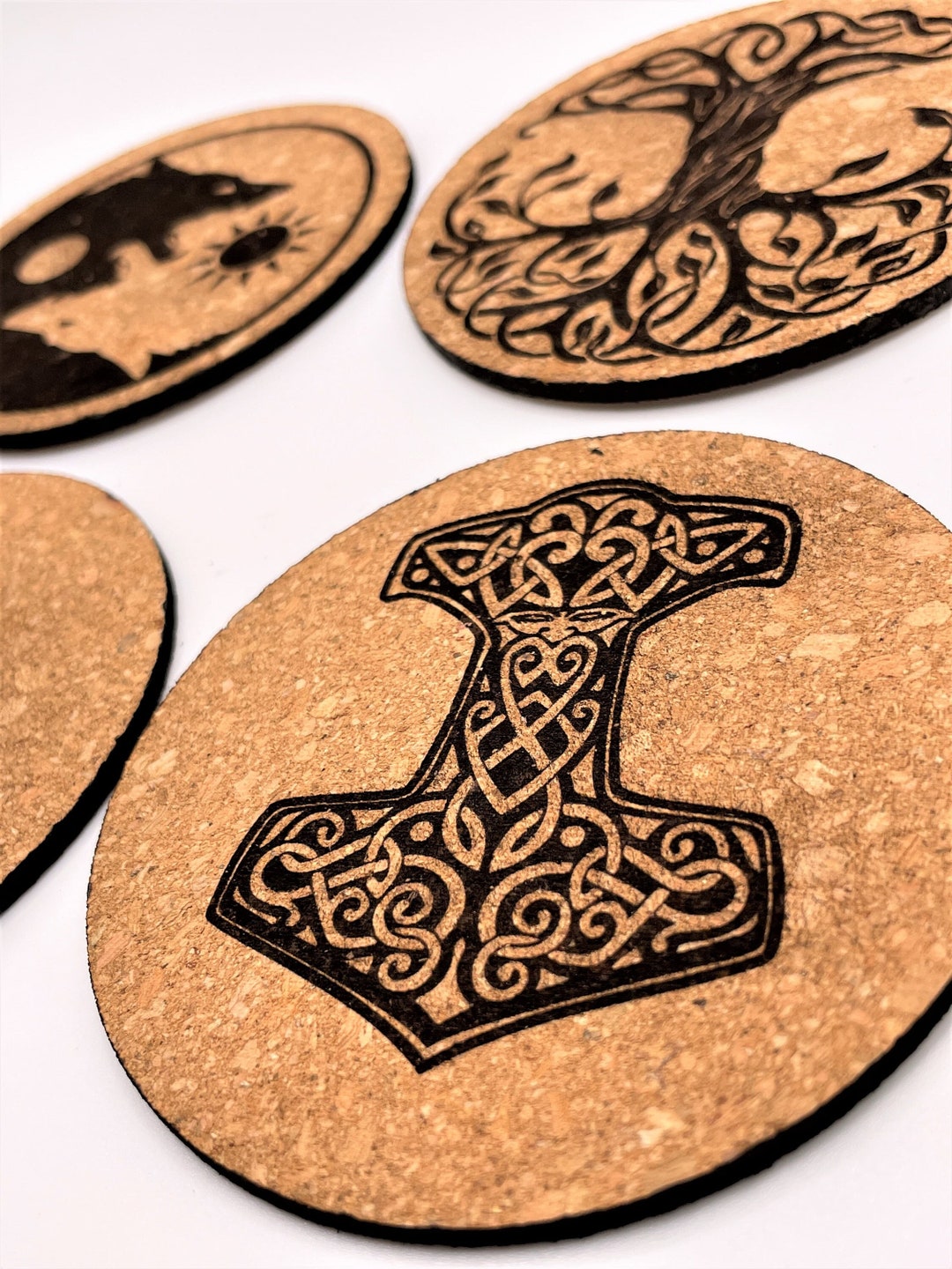 Laser Cut and Engraved Set of 4 Rustic Wood Cork Coasters, Viking ...