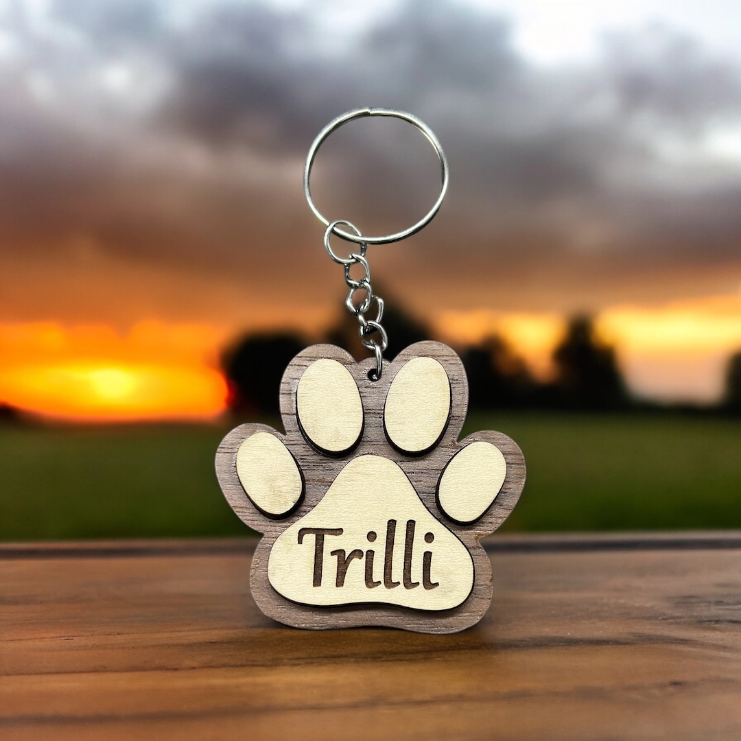 Personalized Dog Keychain, Walnut and Maple Wood, Custom Laser Engraved ...