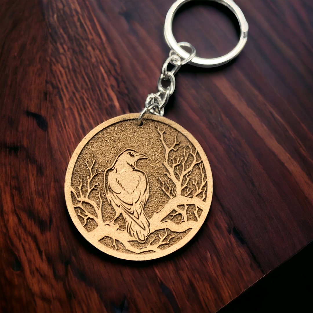 MDF Wood Veneer Laser Engraved Raven Keychain, Vintage Birthday ...