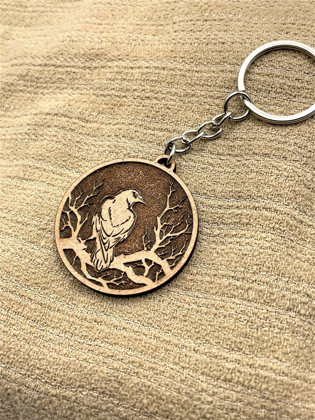 MDF Wood Veneer Laser Engraved Raven Keychain Vintage - Etsy