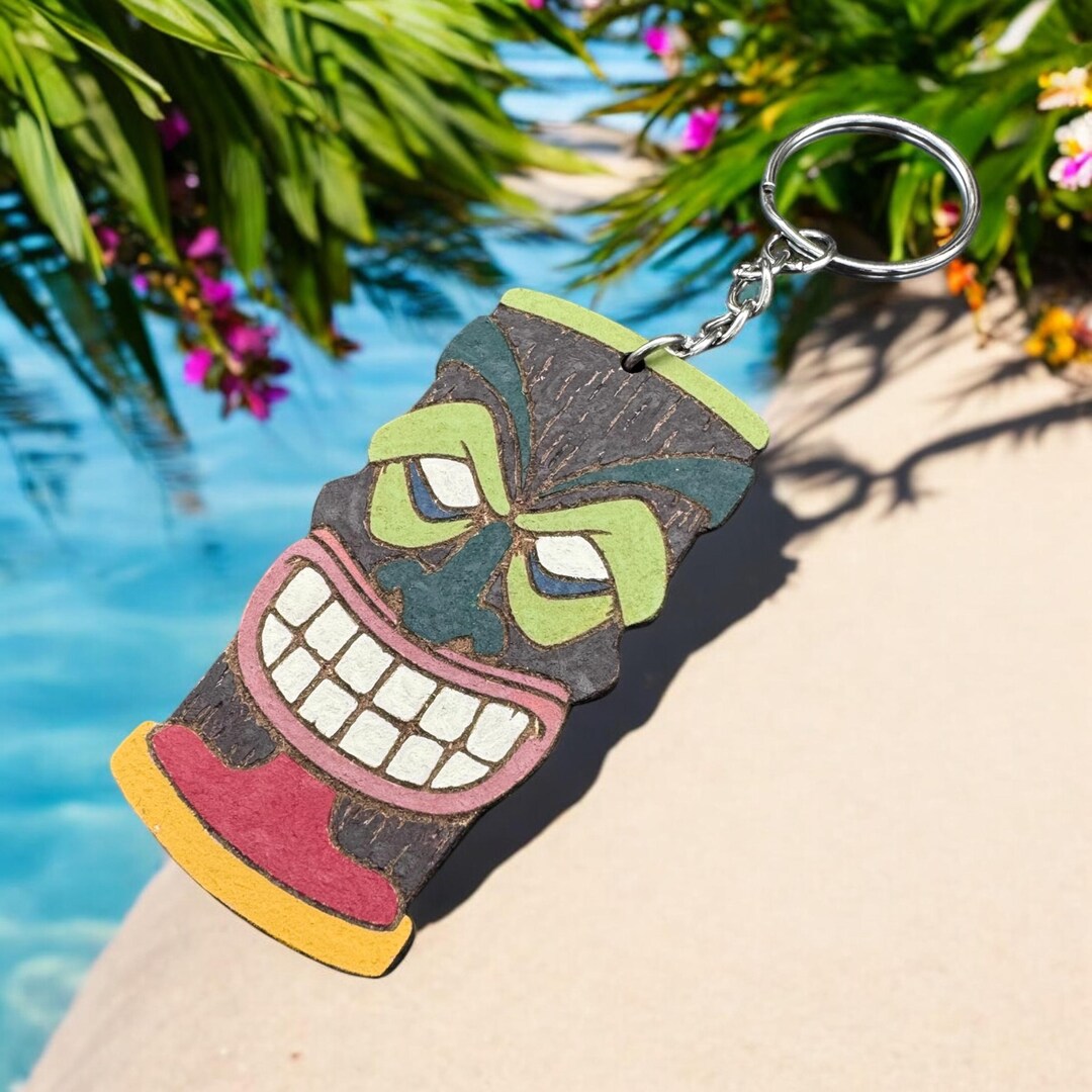 Tiki Mask Keychain, Hand Painted Wooden Keychain, Laser Engraved Tiki ...