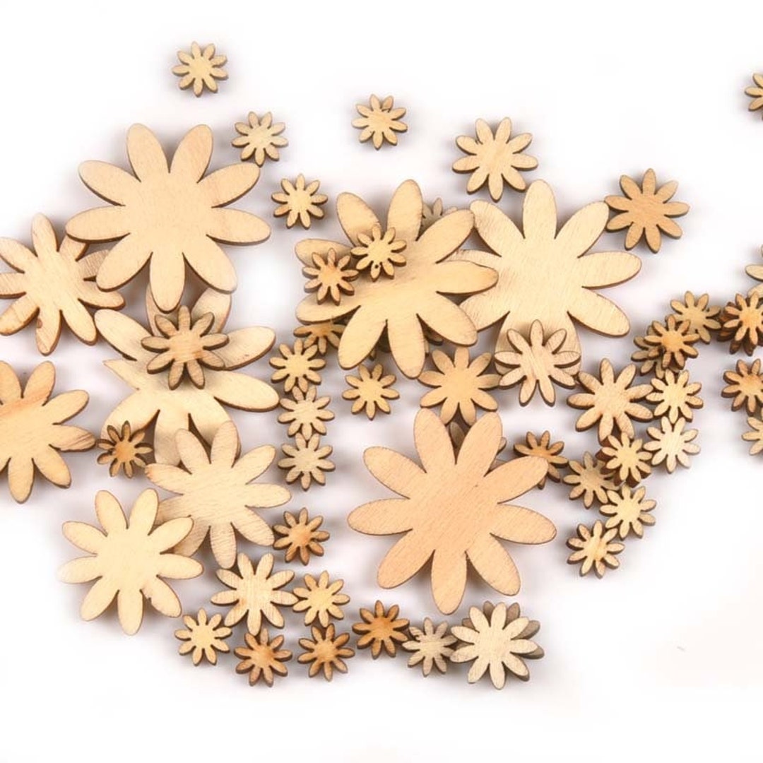 Plain Wooden Flower Shape Cutout, 50pcs/set, Unfinished Natural Wood ...
