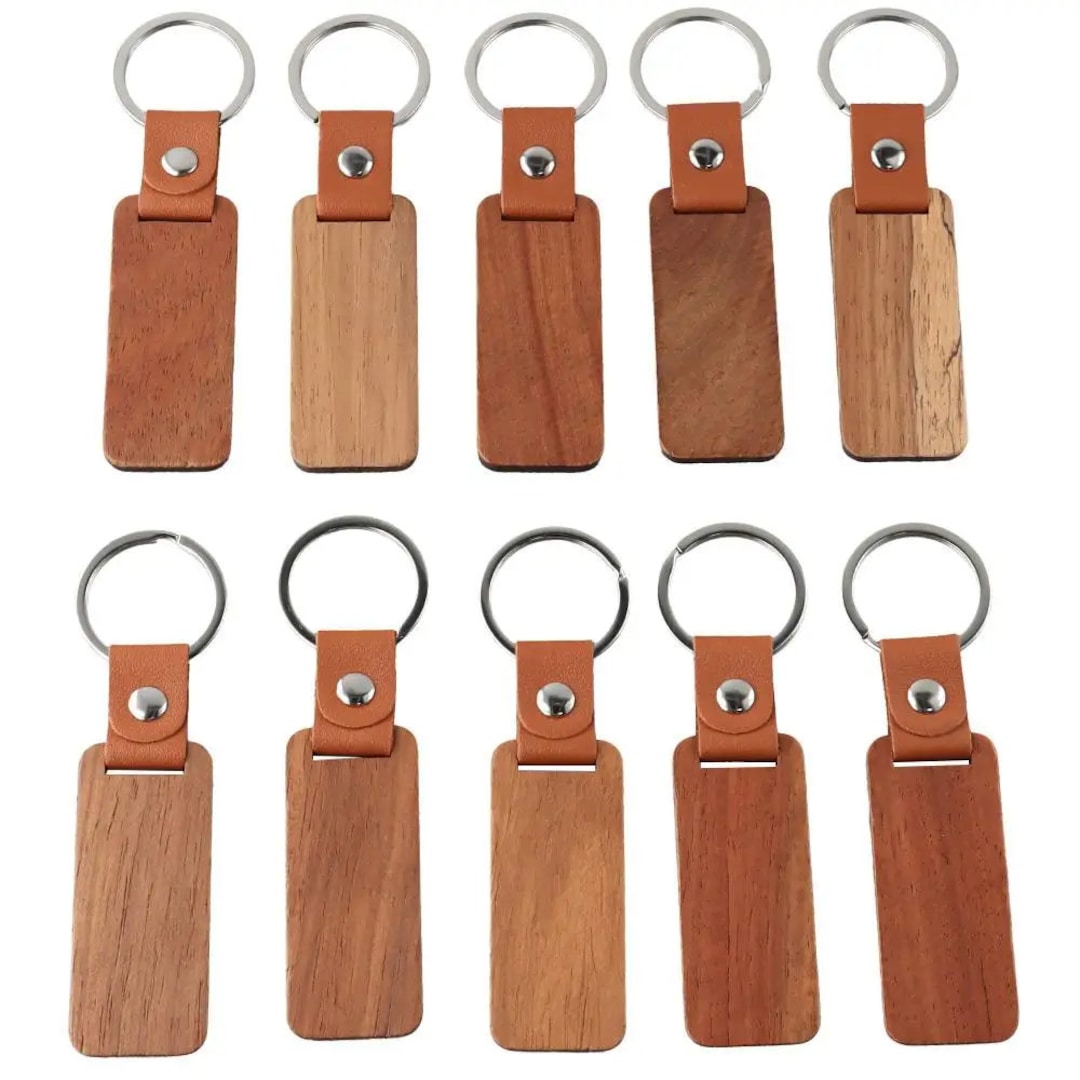 Blank Pine Wood Keychain, 10pcs, Leather Strap, Unfinished Wood Board ...