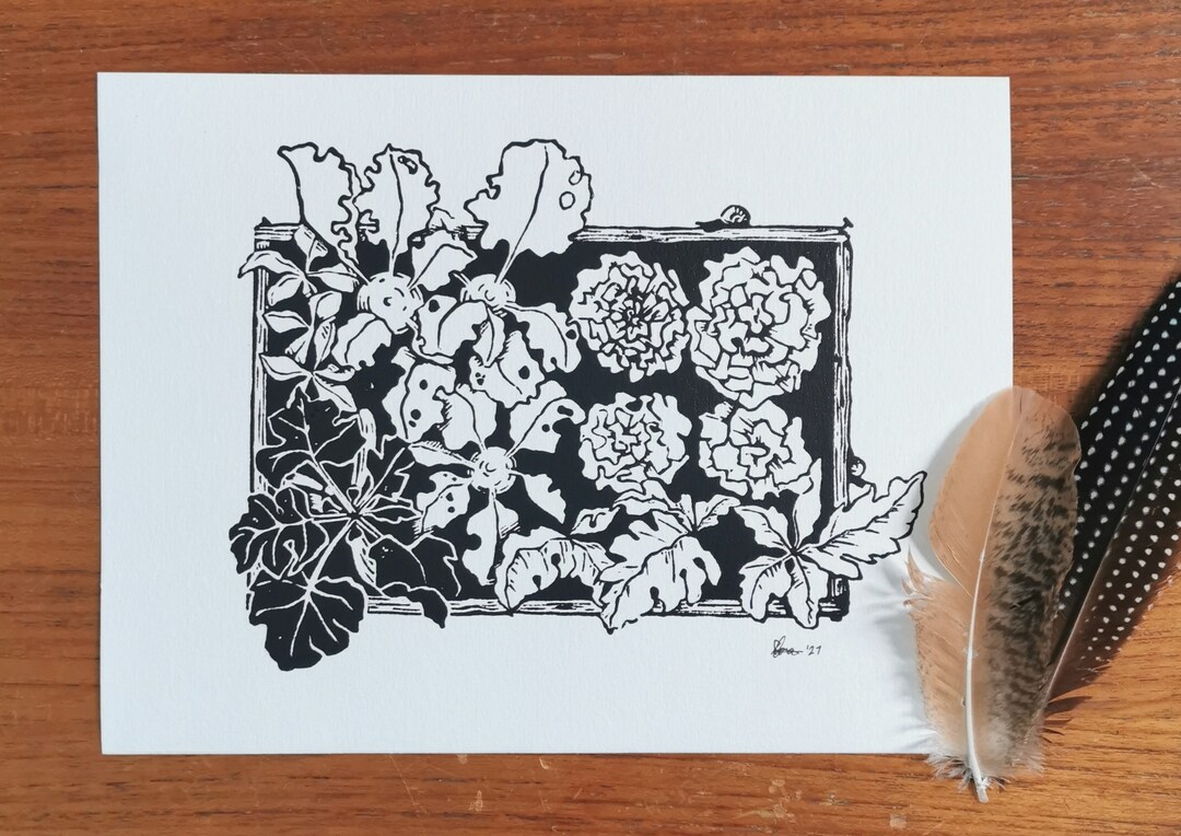 Vegetable Garden / Lino Print / Handmade / Wall Decoration / Lino Print ...