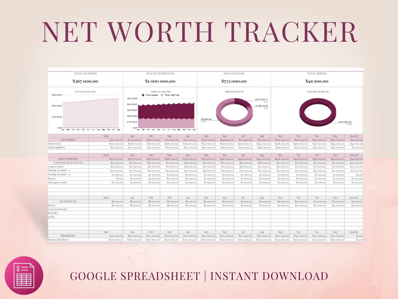 Net Worth Spreadsheet Template for Google Sheets, Net Worth Dashboard ...