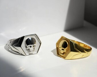 Skull Stamp Ring With Black Zircons Sterling Silver Signet Ring Skull ...