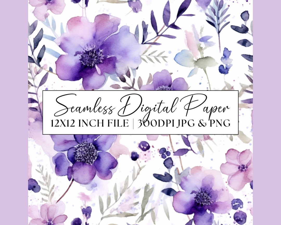 Purple Flower Digital Paper, Floral Seamless Pattern, Watercolour ...