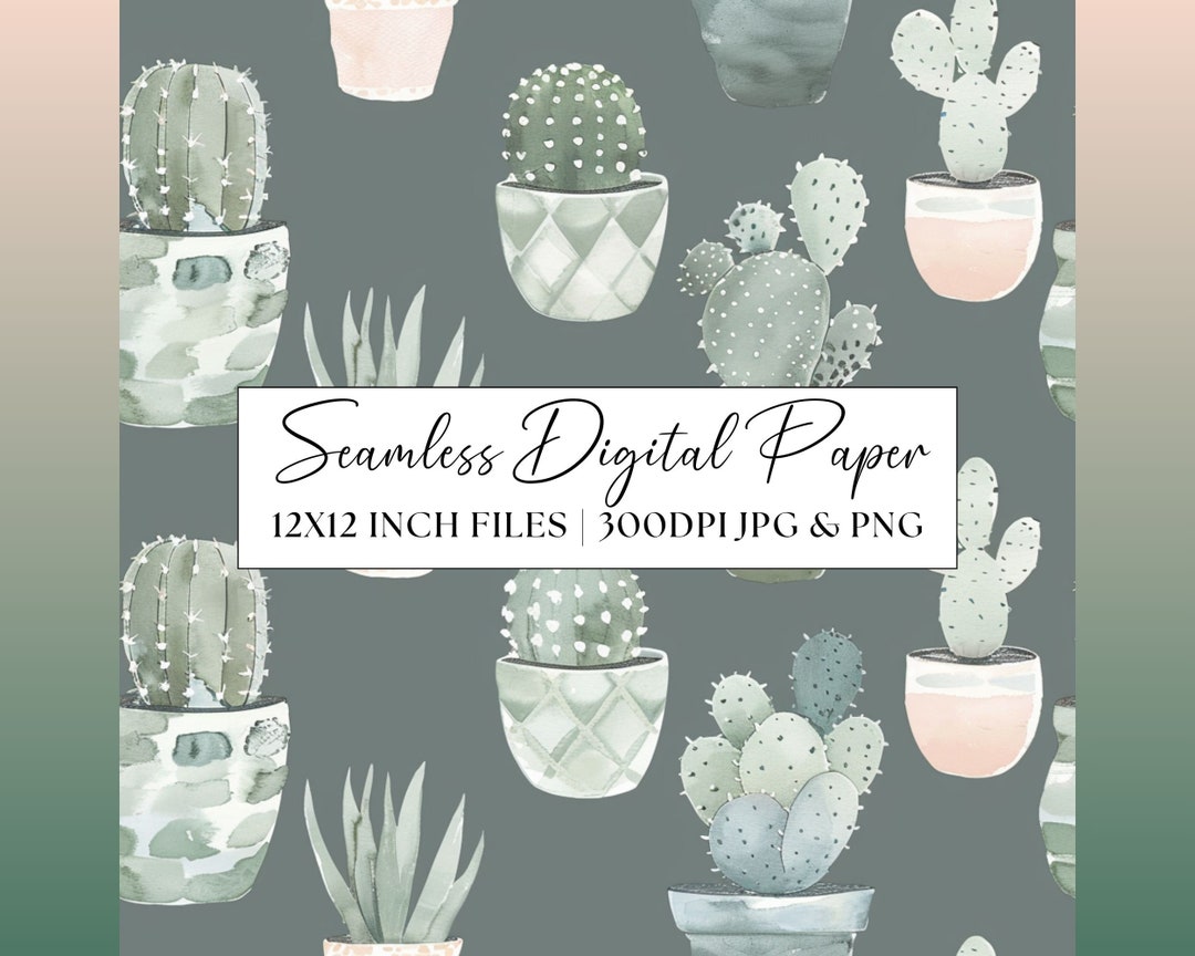 Cactus Digital Paper, Potted Plants Seamless Pattern, Cacti Theme Party ...