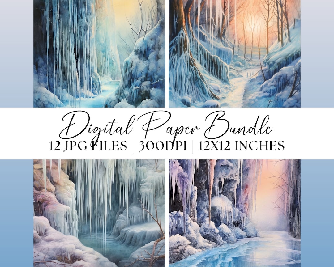 Icy Landscape Digital Paper, 12x JPG Abstract Watercolour Icicle Snow ...