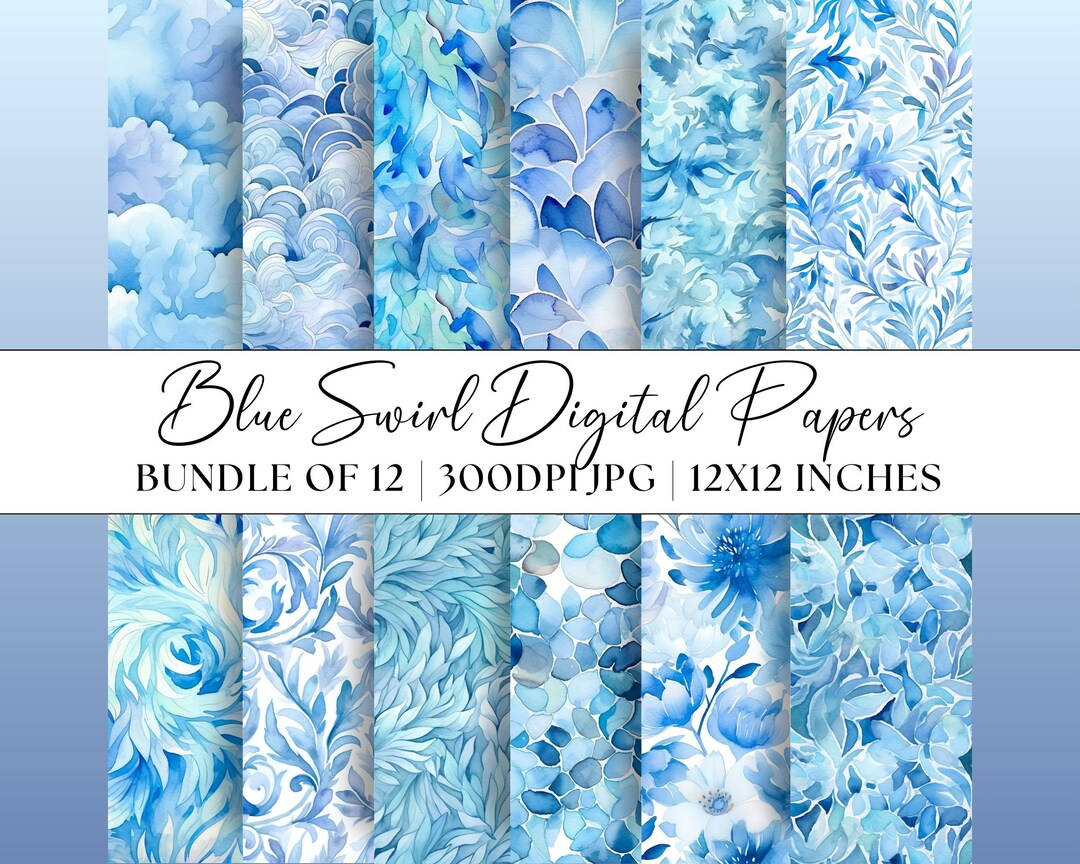 Blue Swirl Digital Paper, 12x JPG Pastel Blue Watercolour Patterns ...