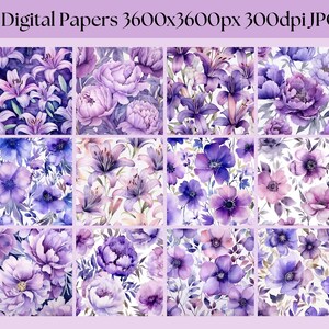 Purple Flowers Digital Paper, 12x JPG Patterns Watercolour Clipart ...