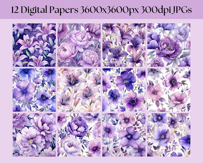 Purple Flowers Digital Paper 12x JPG Patterns Watercolour - Etsy