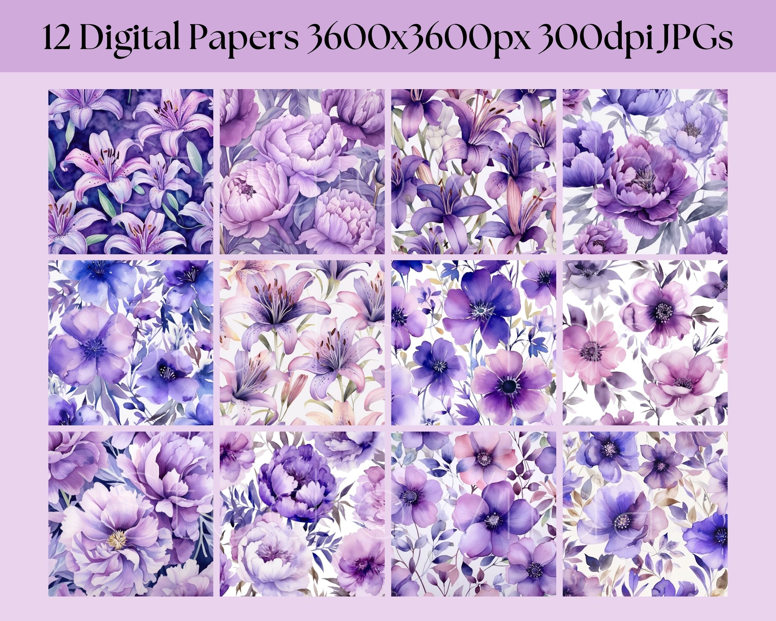 Purple Flowers Digital Paper, 12x JPG Patterns Watercolour Clipart ...