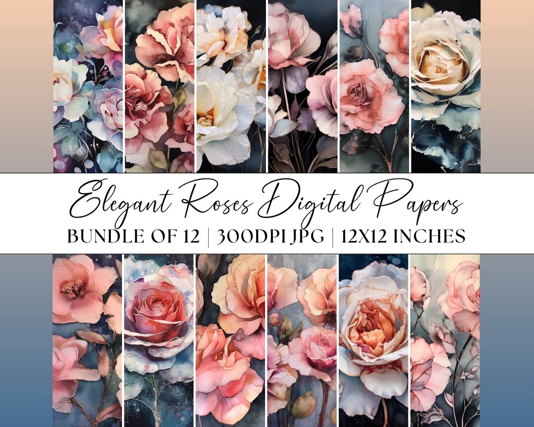 White and Pink Roses Digital Paper, 12x JPG Pastel Patterns Alcohol Ink ...