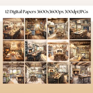 Vintage Farmhouse Digital Paper, 12x JPG Kitchen Drawings, Cottagecore ...