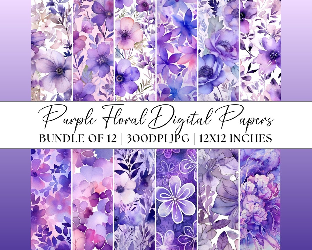 Purple Floral Digital Paper Bundle, 12x JPG Flower Patterns, Commercial ...