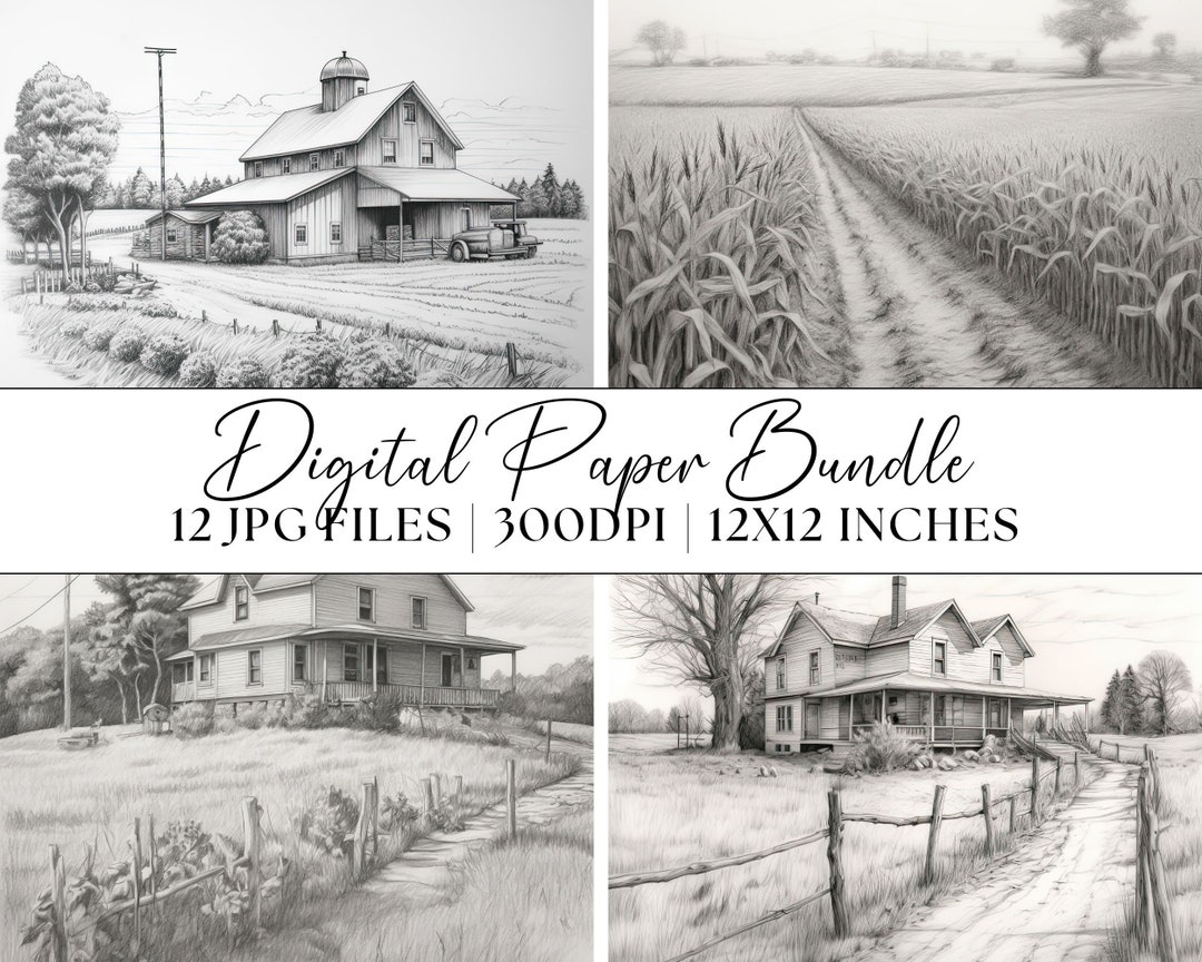 Farmhouse Digital Paper, 12x JPG Drawings Clipart Black and White ...