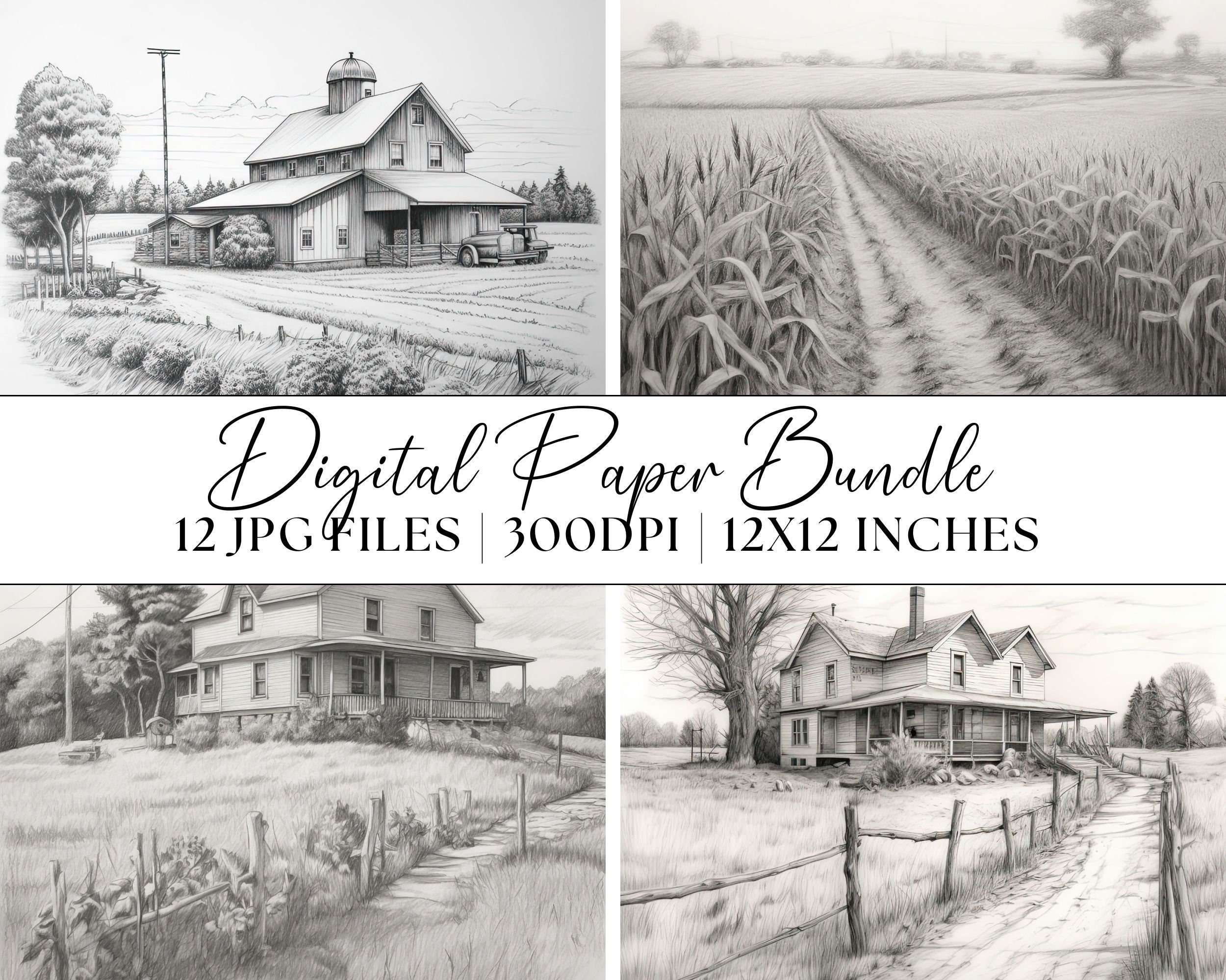 Farmhouse Digital Paper, 12x JPG Drawings Clipart Black and White ...
