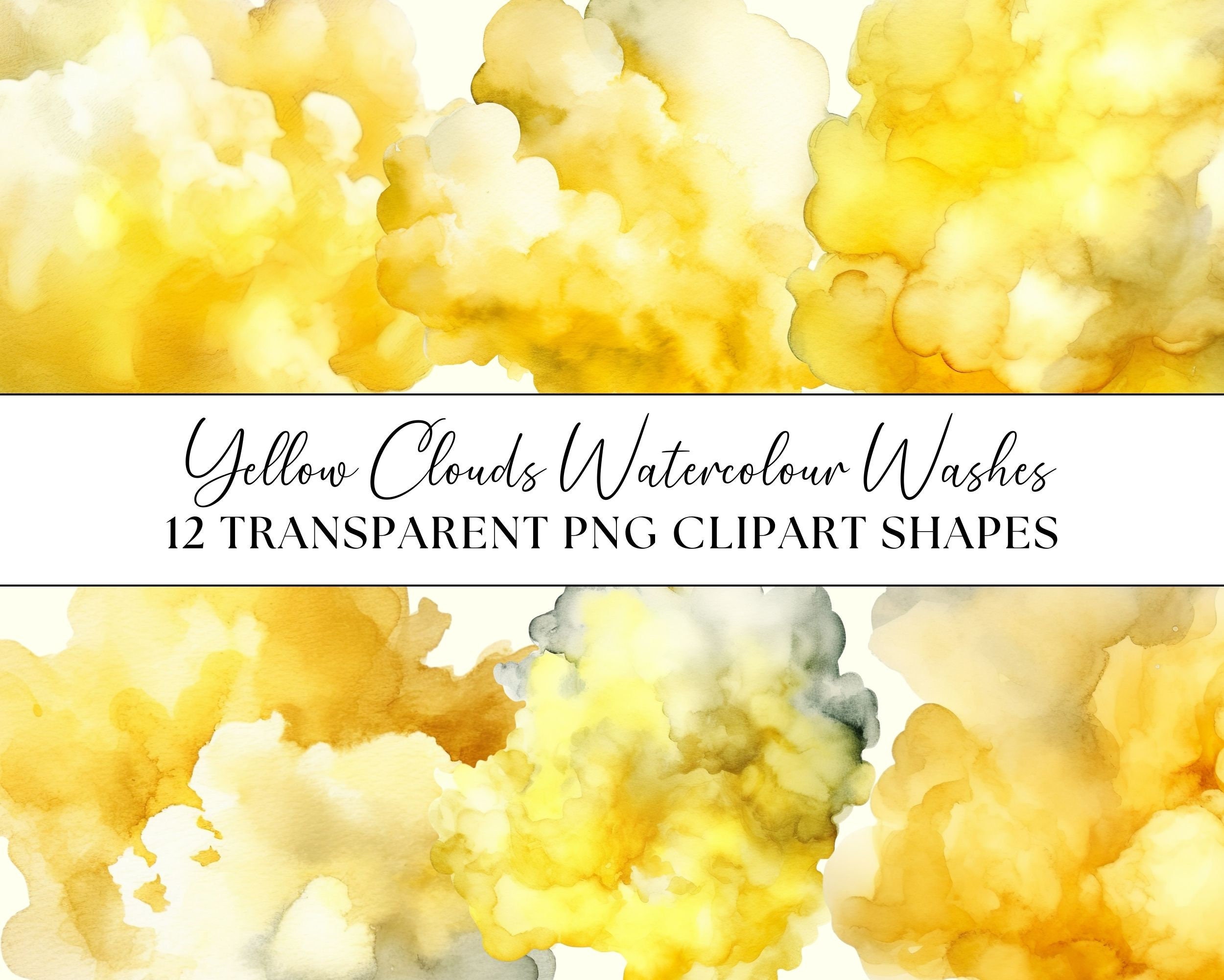 Yellow Cloud Watercolour Splashes, 12 PNG Clipart Washes Shapes Instant ...