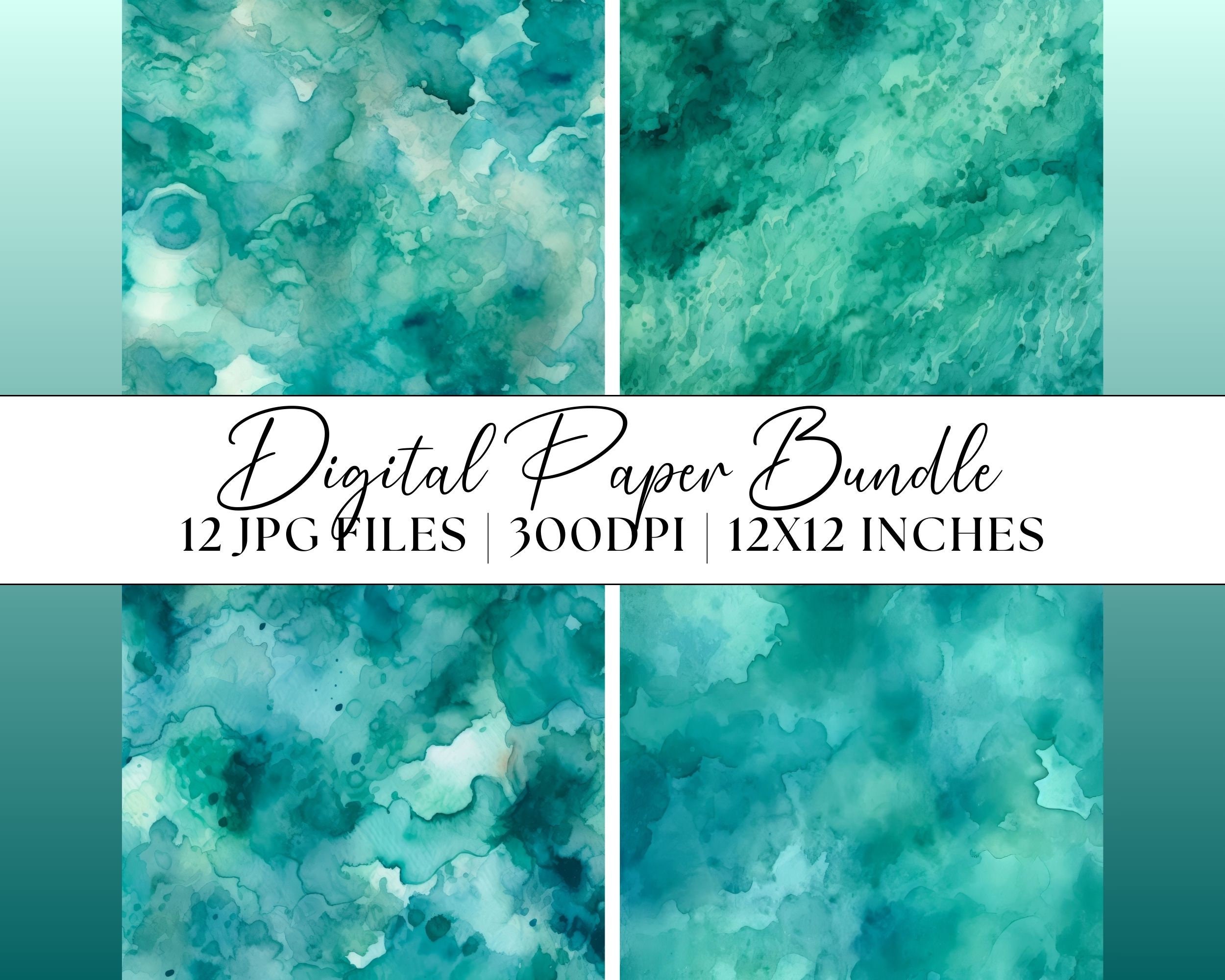 Teal Green Digital Paper Bundle, 12x JPG Watercolour Washes Patterns ...