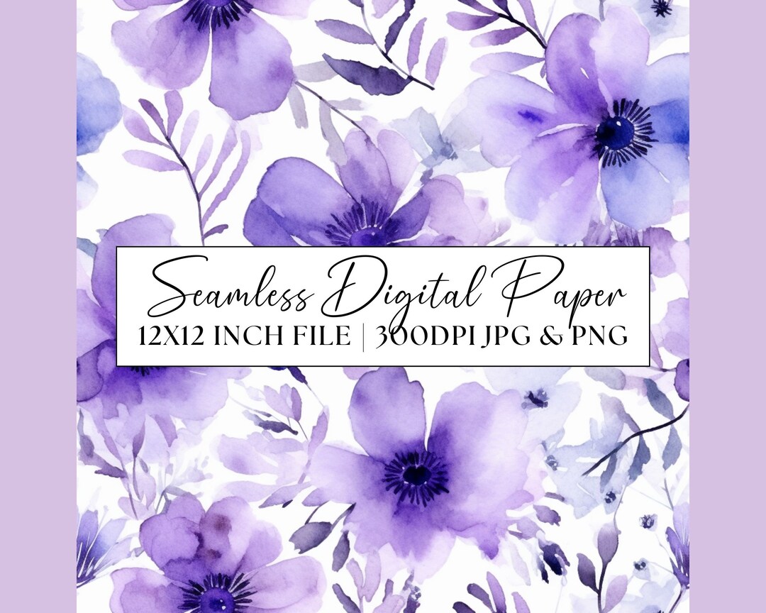 Purple Floral Digital Paper, Flower Seamless Pattern, Watercolour ...