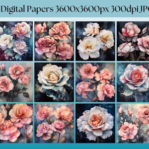 White and Pink Roses Digital Paper, 12x JPG Pastel Patterns Alcohol Ink ...