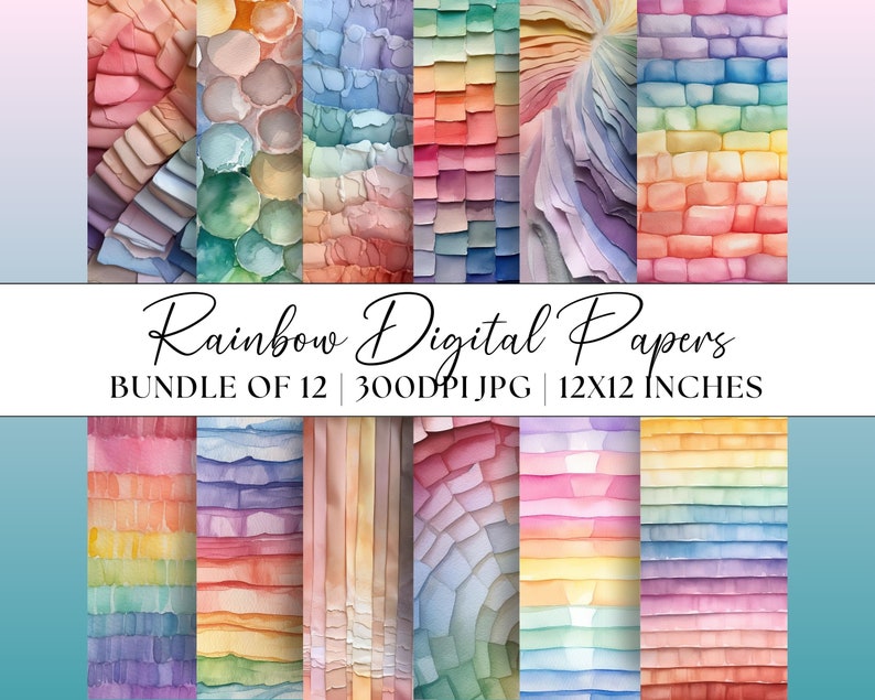 Rainbow Digital Papers, 12x JPG Watercolour Tiles Washes Patterns ...