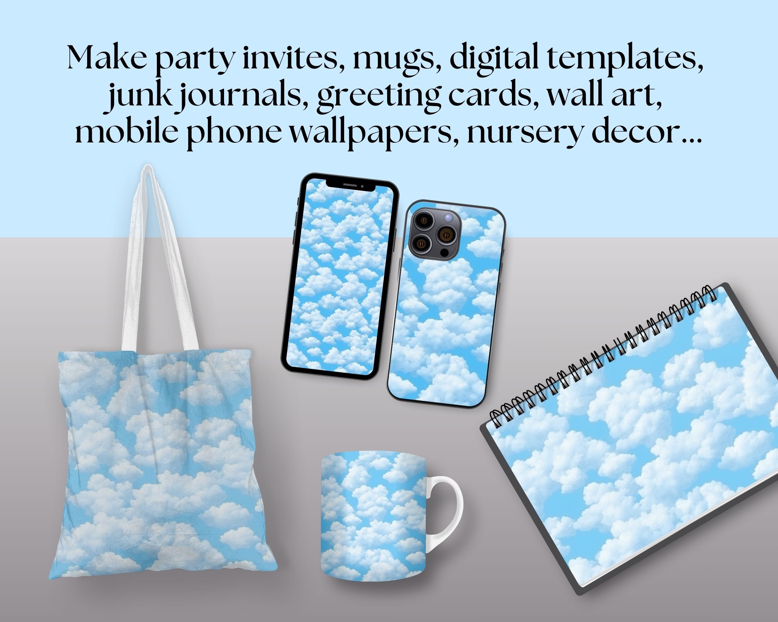 Cloudy Sky Digital Paper, Blue Skies Seamless Pattern, Wedding Invites ...