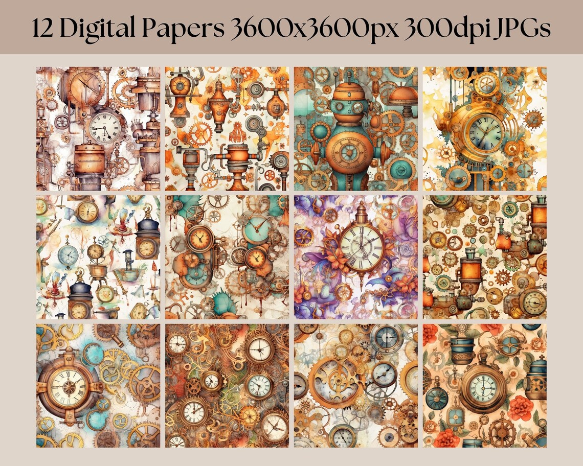 Steampunk Digital Paper, Cogs Gears and Clocks Patterns, 12x JPG ...