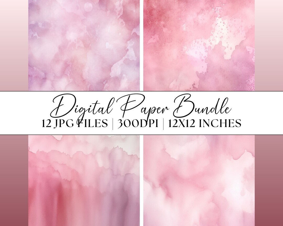 Pastel Pink Digital Paper, 12x JPG Watercolour Washes Patterns Clipart ...