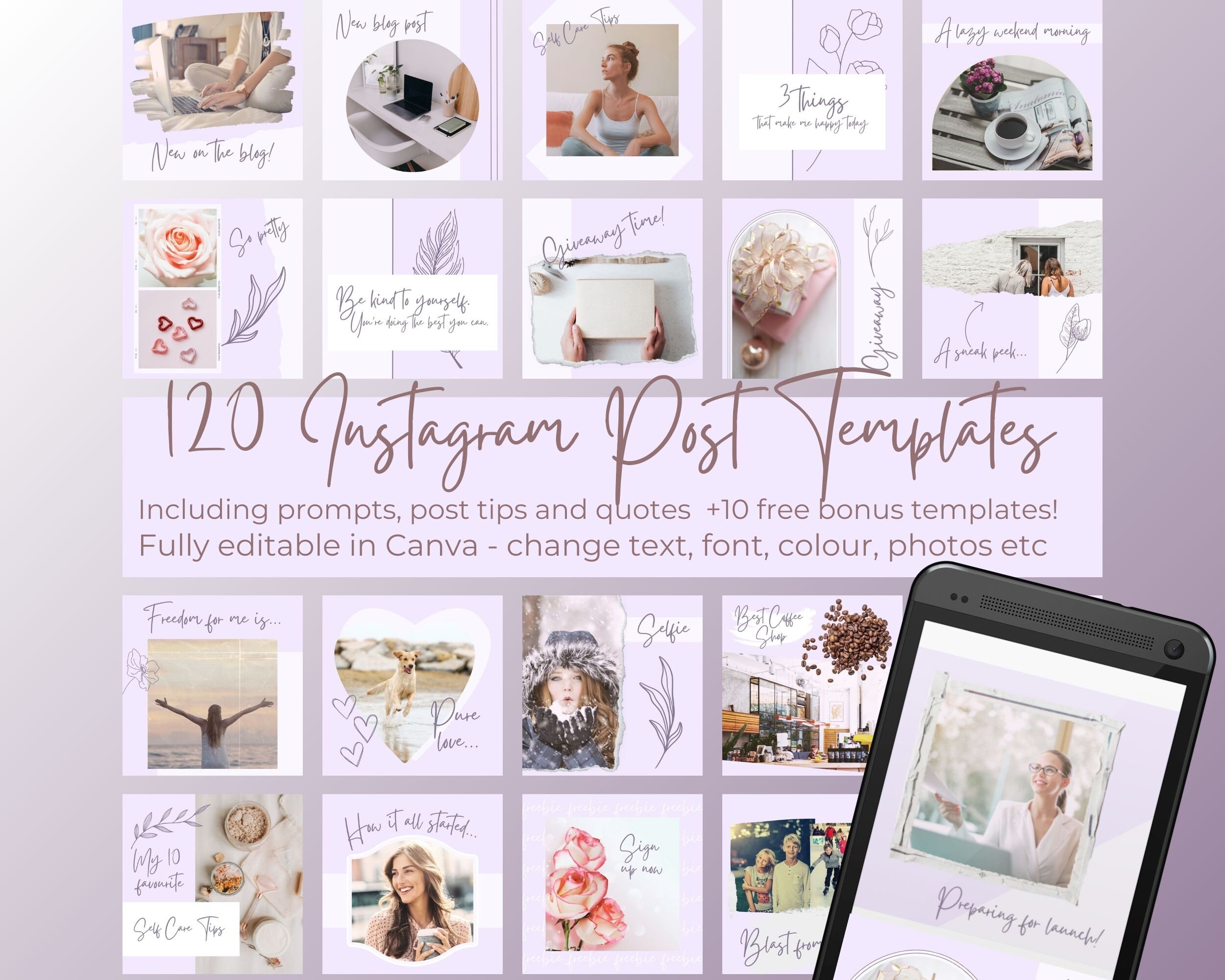 120 Lilac Instagram Post Templates Light Purple Insta Posts Editable in ...