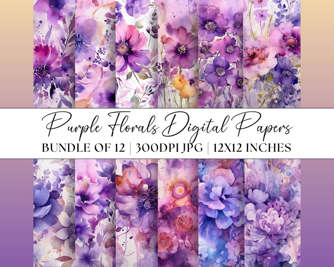 Purple Floral Digital Paper Bundle, 12x JPG Pastel Patterns, Commercial ...