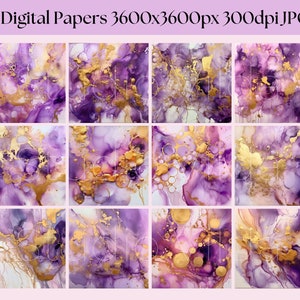 Purple and Gold Digital Paper, Alcohol Ink 12x JPG Marbled Washes ...