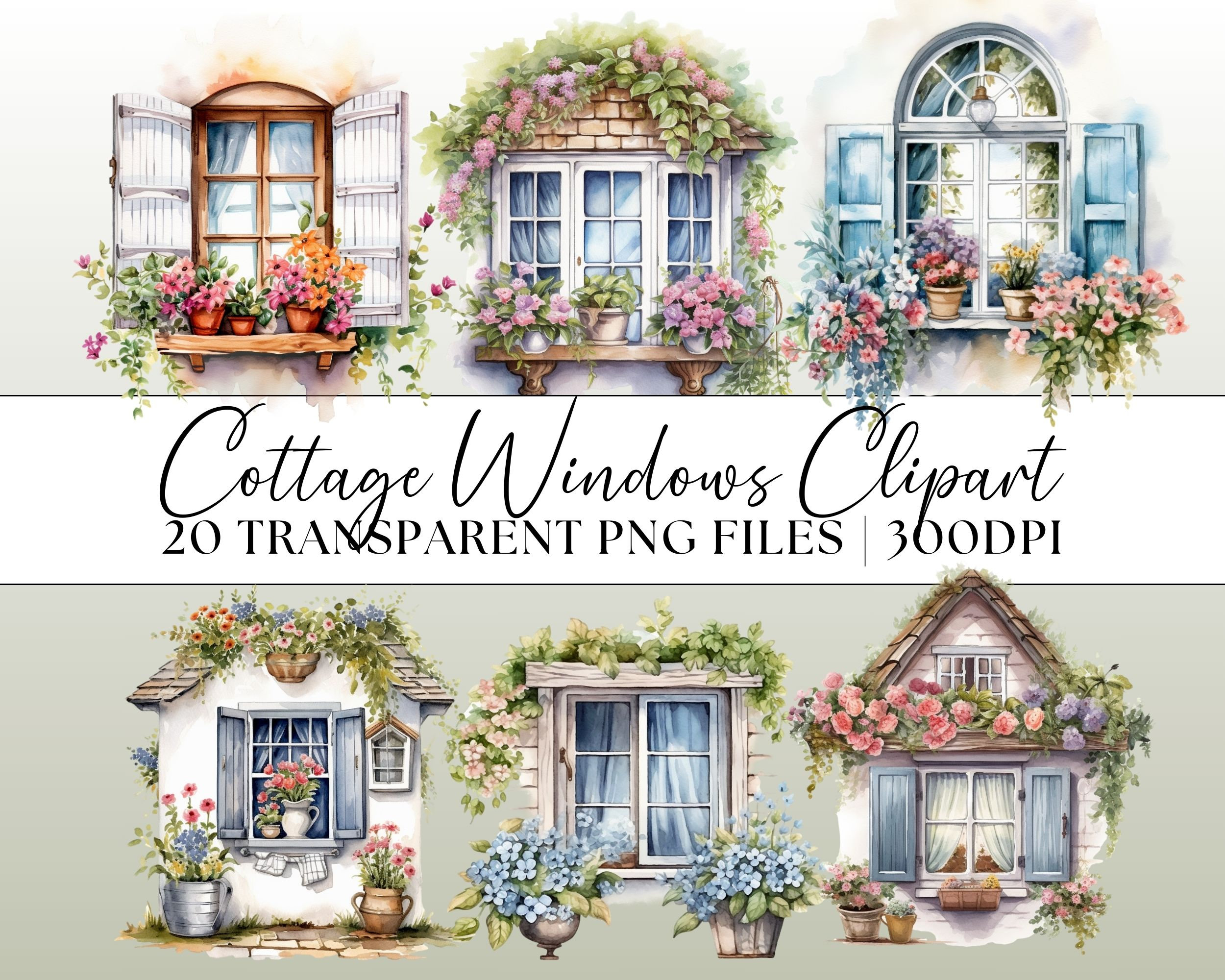 Cottage Window Clipart, Watercolor Cottagecore Style Transparent 20x ...