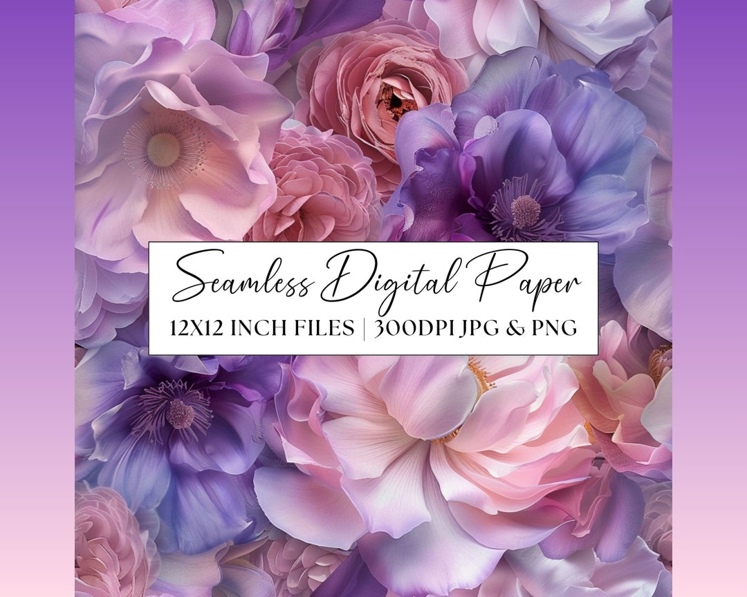 Purple Floral Seamless Pattern, Vibrant Digital Paper Clipart, Pink ...