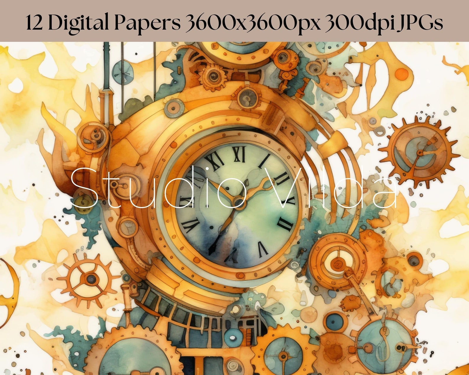 Steampunk Digital Paper, Cogs Gears and Clocks Patterns, 12x JPG ...