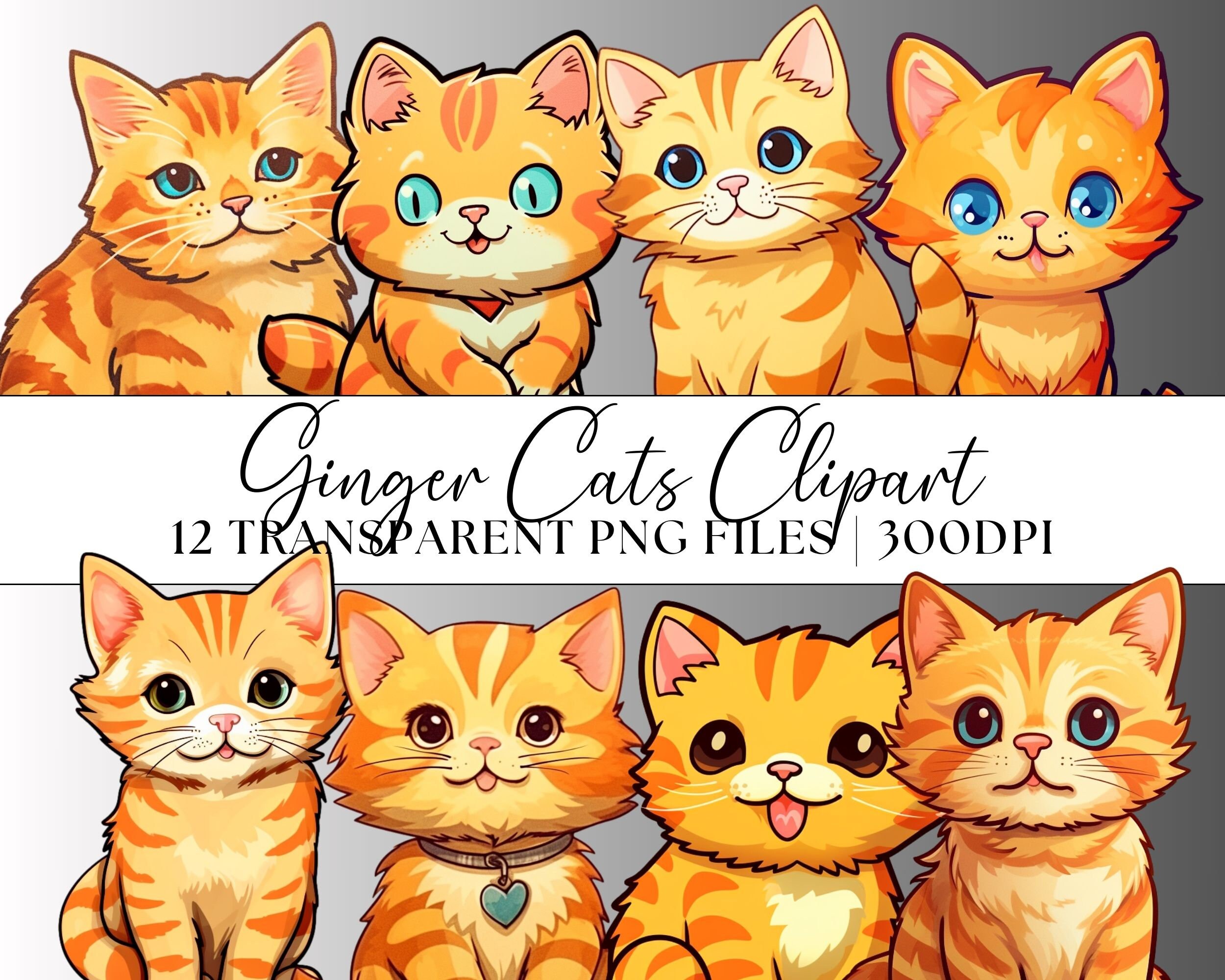 Ginger Cats Clipart, Cartoon Style Kittens Transparent 12x PNG Shapes ...