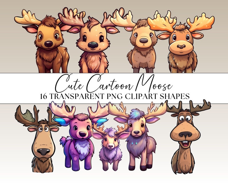 Moose Clipart, Funny Cartoon Style Transparent PNG Shapes Nursery Decor ...