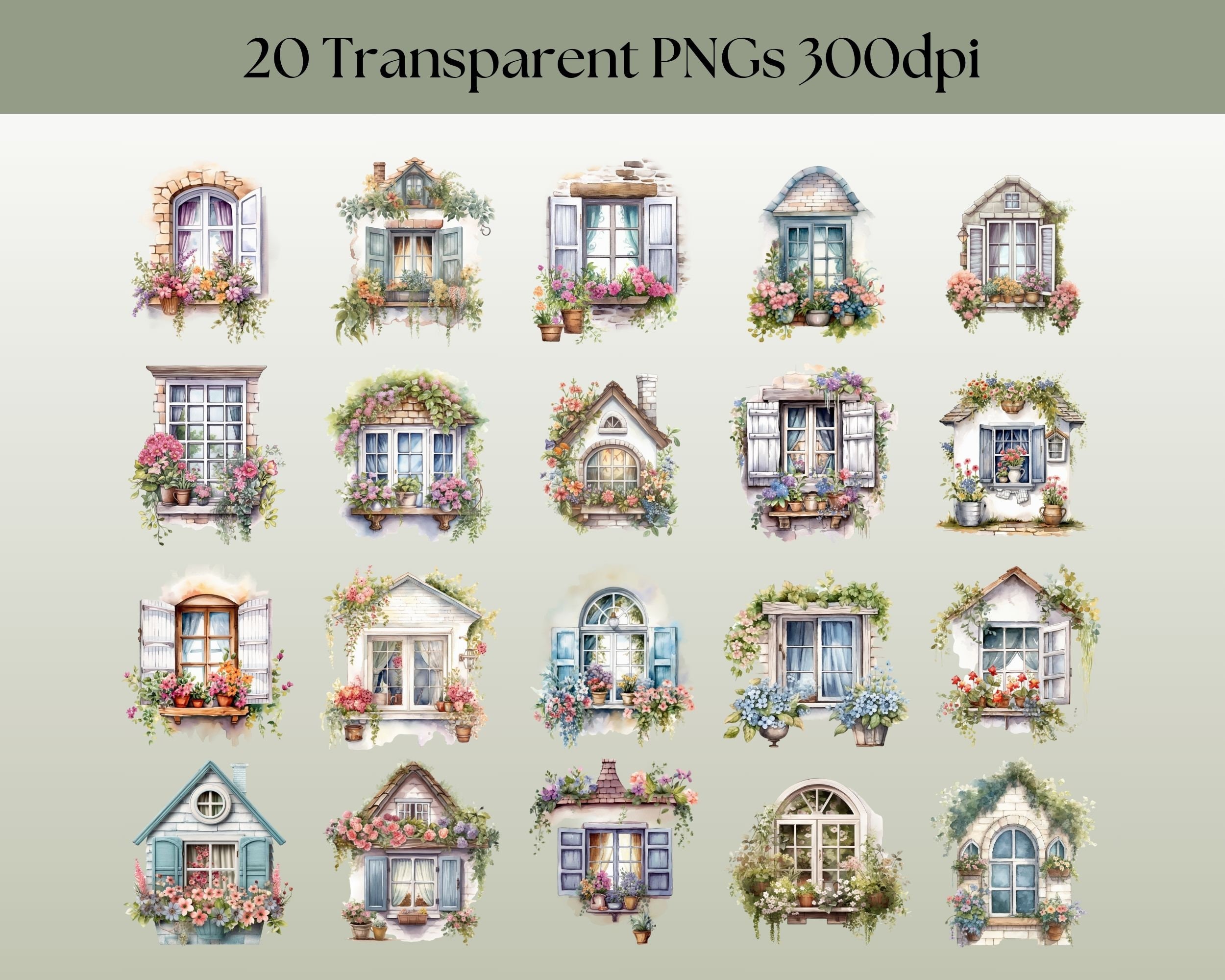 Cottage Window Clipart, Watercolor Cottagecore Style Transparent 20x ...