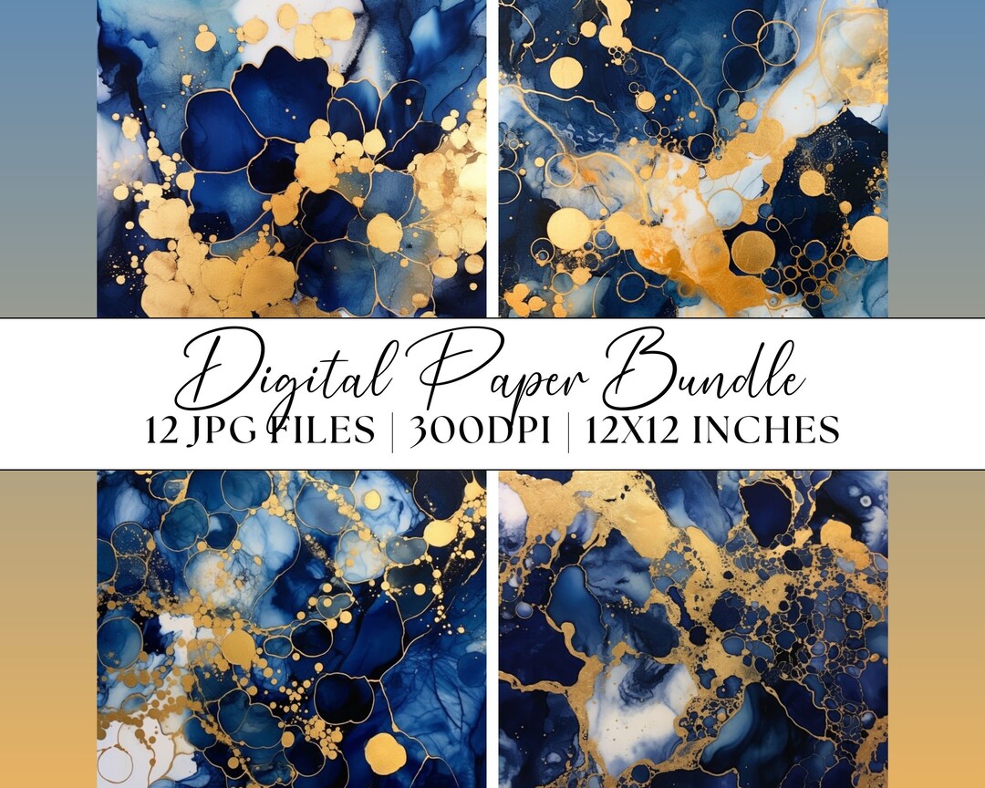 Alcohol Ink Digital Paper, Navy Blue and Gold 12x JPG Marbled Clipart ...