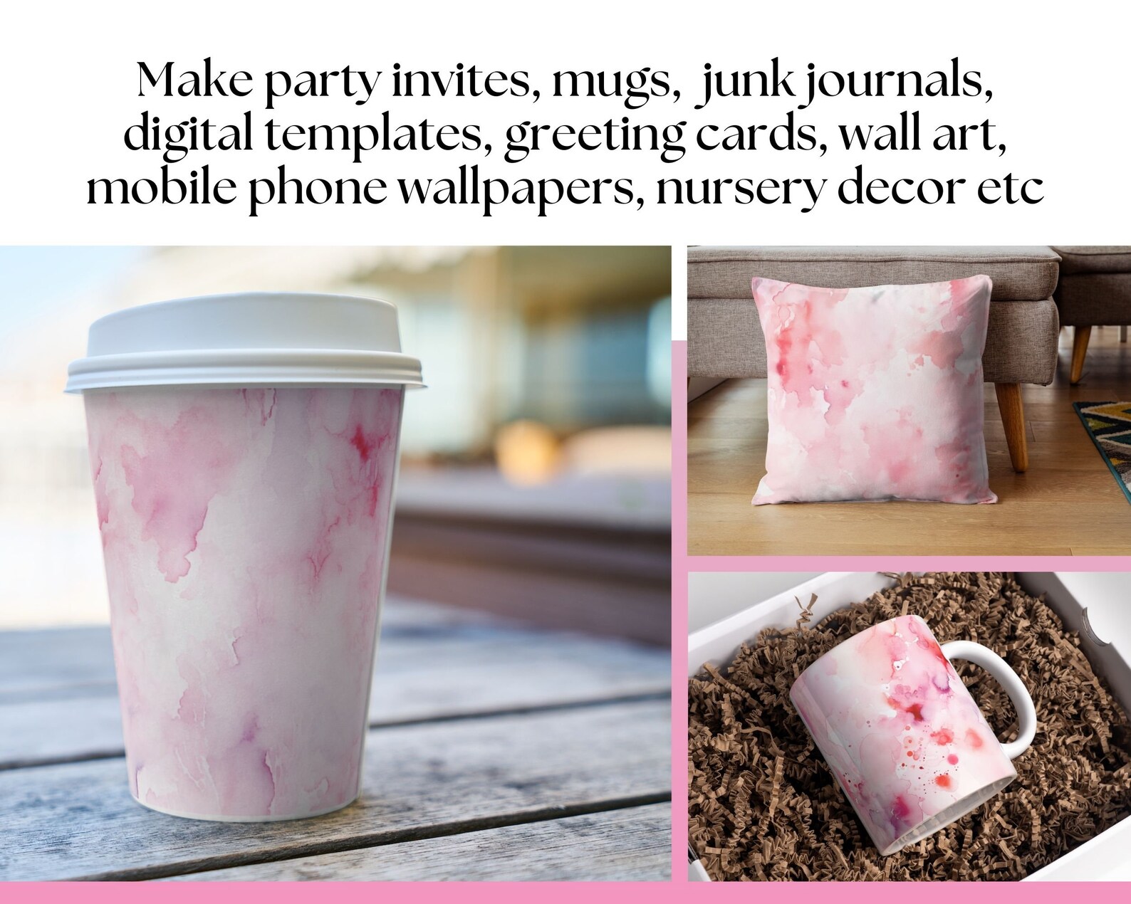 Pale Pink Digital Paper, 12x JPG Patterns Watercolour Clipart Instant ...