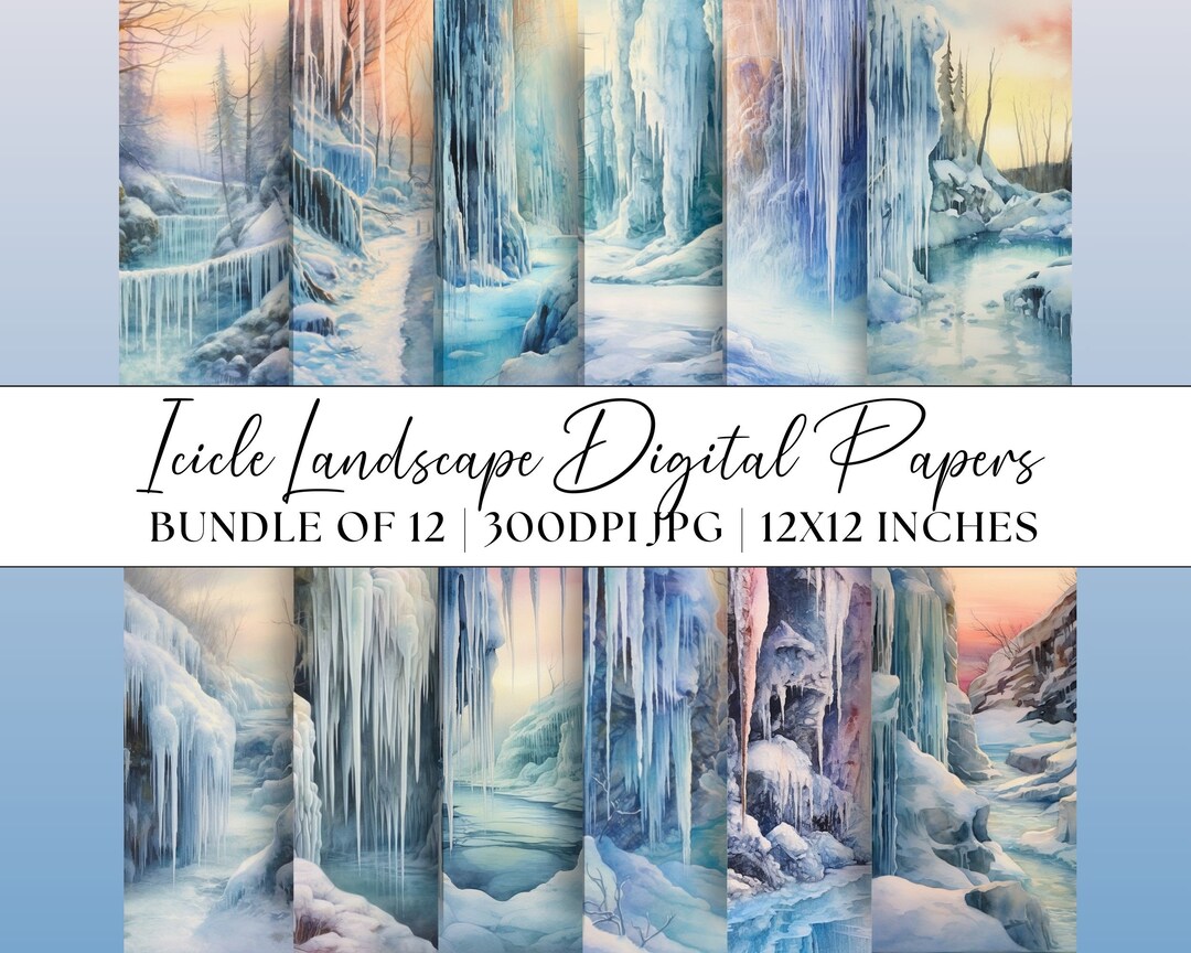 Icy Landscape Digital Paper, 12x JPG Abstract Watercolour Icicle Snow ...