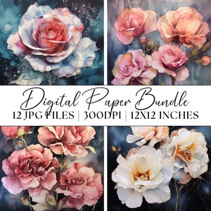White and Pink Roses Digital Paper, 12x JPG Pastel Patterns Alcohol Ink ...